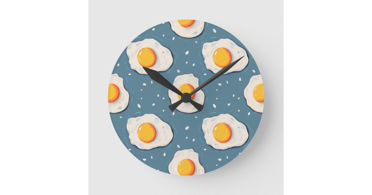 Fried Eggs on Blue Round Clock | Zazzle