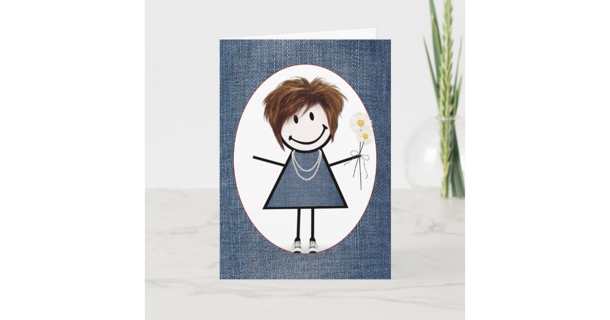 Friend Birthday Stick Figure Girl with Daisies Card | Zazzle