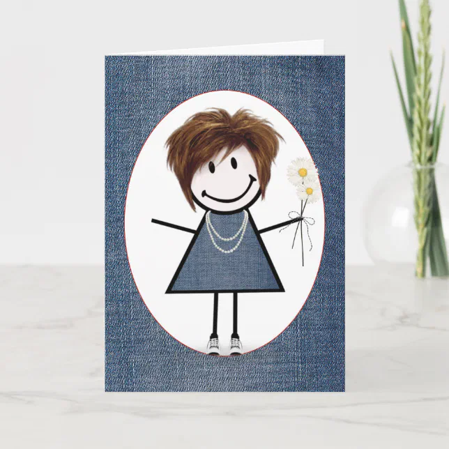 Friend Birthday Stick Figure Girl with Daisies Card | Zazzle