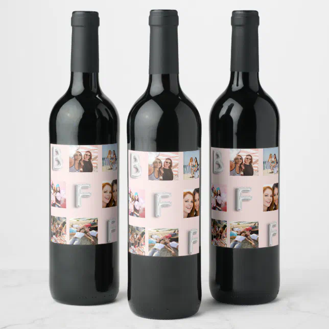 Friend rose gold silver photo collage BFF Wine Label | Zazzle