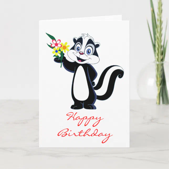 Friendly Skunk with Flowers Birthday Card | Zazzle