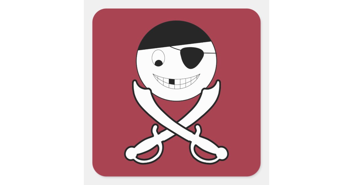 Friendly Smiling Pirate with Crossed Swords on Red Square Sticker | Zazzle