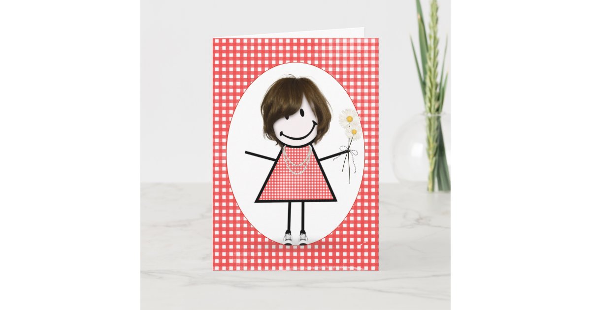 Friend's Birthday Stick Figure Girl On Gingham Card | Zazzle