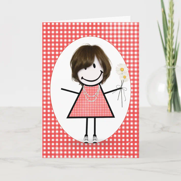 Friend's Birthday Stick Figure Girl On Gingham Card | Zazzle