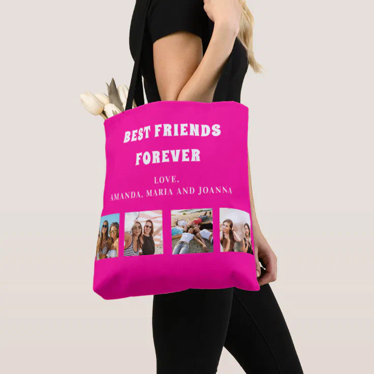 Friends forever hot pink photo collage names tote bag | Zazzle
