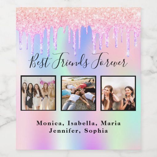 Friends forever pink purple glitter photo wine label | Zazzle