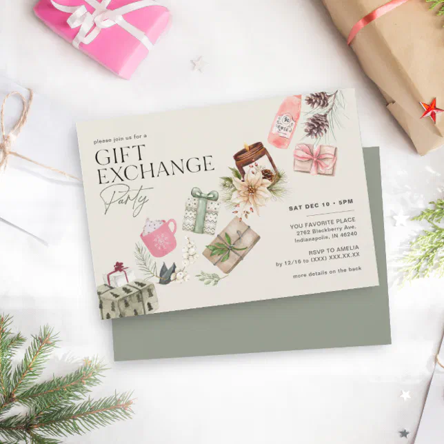 Friends Gift Exchange Green Holiday Party Invitation | Zazzle