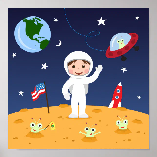 Friends in space, cute kids cartoon wall art | Zazzle