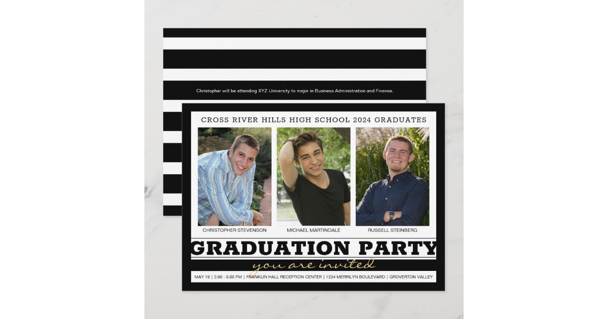 Friends Siblings Graduation Party Black 3 Photo Invitation | Zazzle