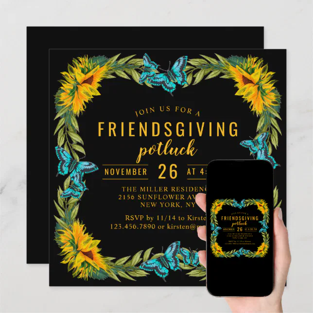 Friendsgiving Potluck Dinner Watercolor Sunflowers Invitation | Zazzle