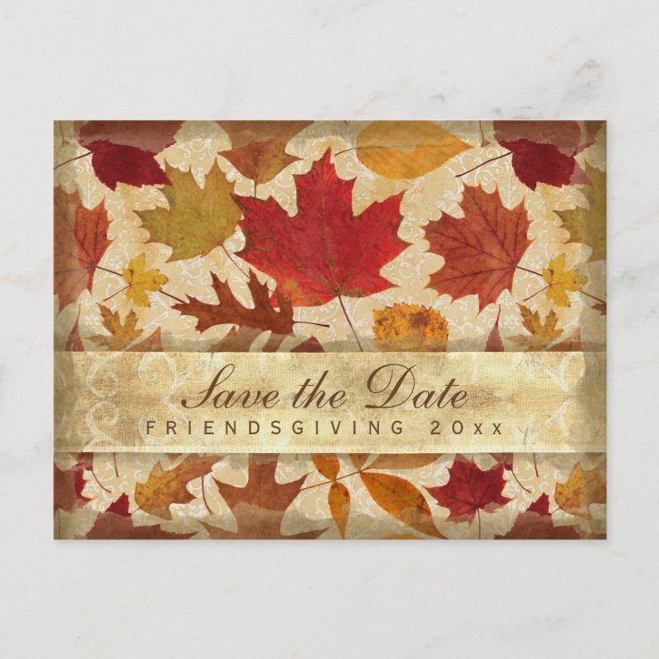 Friendsgiving Save the Date Autumn Leaves Beige Invitation Postcard ...