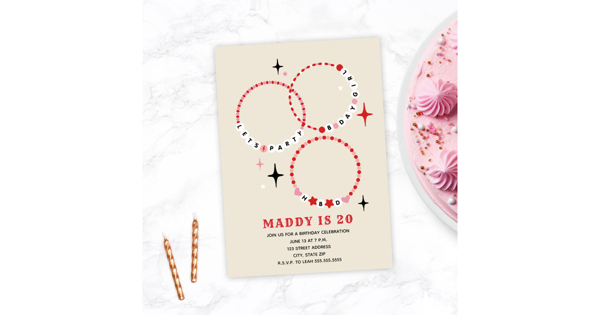 Friendship Bracelets Pink & Red Birthday Invitation | Zazzle