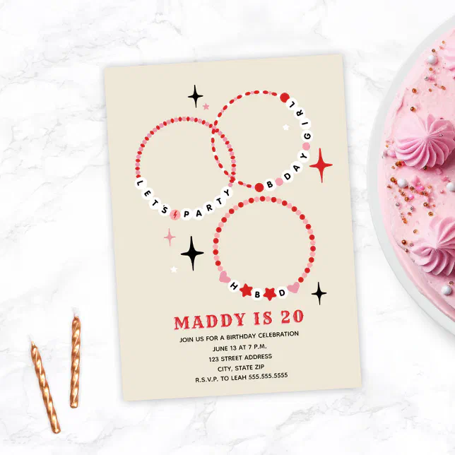 Friendship Bracelets Pink & Red Birthday Invitation | Zazzle