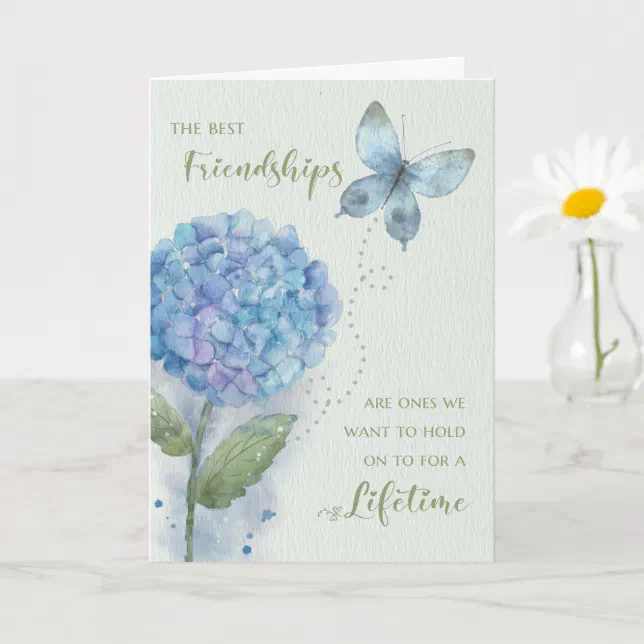 Friendship Butterfly and Hydrangea Birthday Card | Zazzle