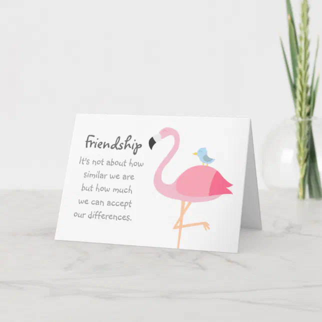 Friendship Cartoon: Pink Flamingo with Blue Bird Card | Zazzle