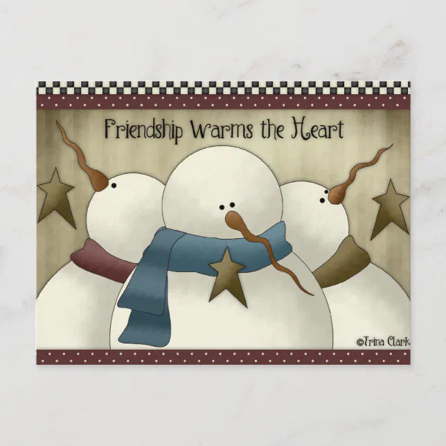 Friendship Warms the Heart Snowmen Postcards | Zazzle