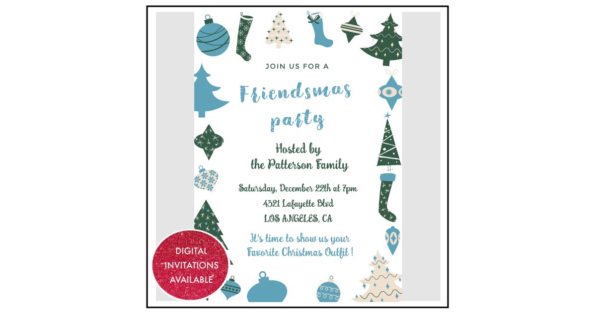 Friendsmas invitations Cute green blue | Zazzle