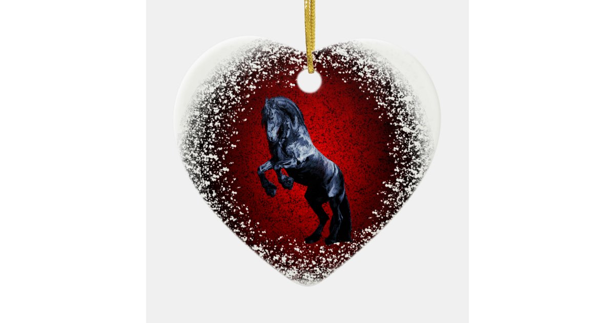 Friesian horse, black stallion,snow, red granite ceramic ornament | Zazzle