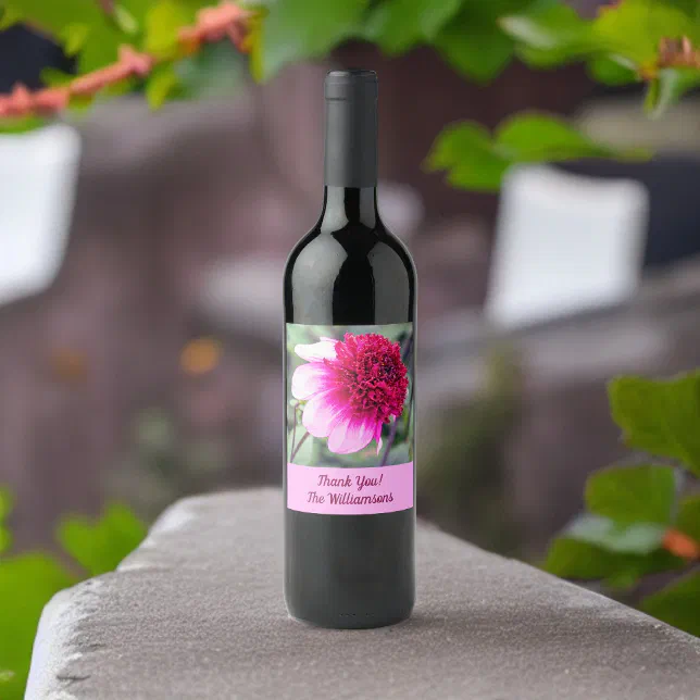 Frilly Pink and Magenta Dahlia Wine Label | Zazzle