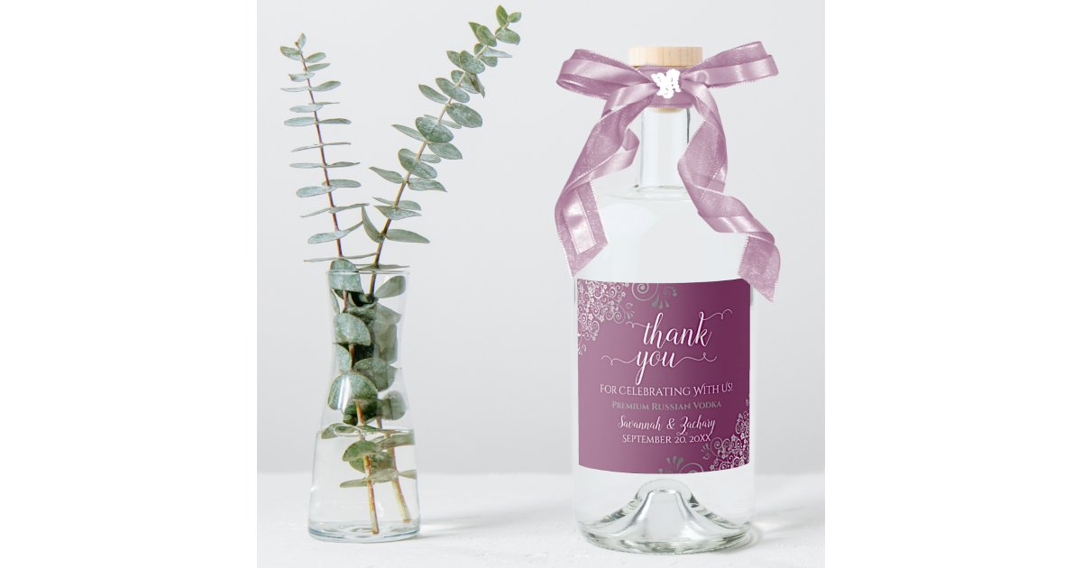 Frilly Silver on Cassis Purple Wedding Thank You Liquor Bottle Label ...