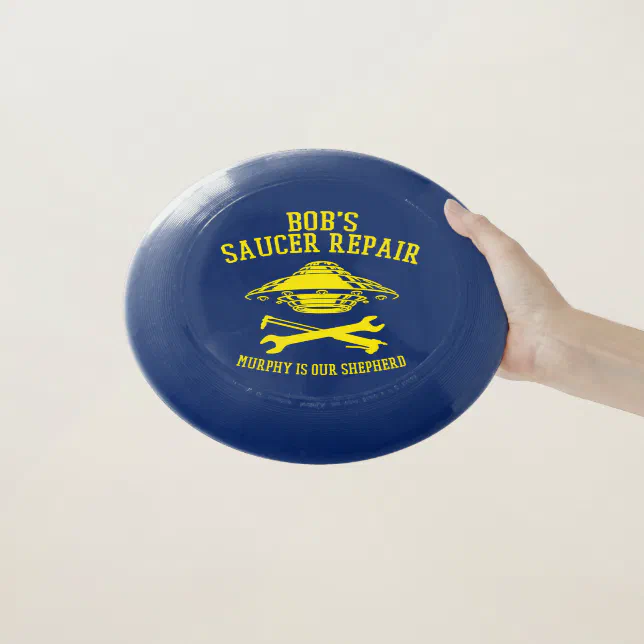 frisbee with yellow Bob's Saucer Repair logo | Zazzle