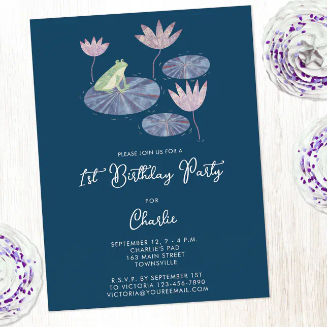 Frog and Lily Pond First Birthday Party Invitation Postcard | Zazzle