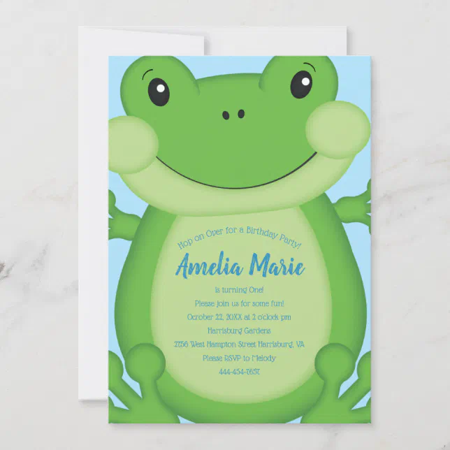 Frog Birthday Party Blue Invitation | Zazzle