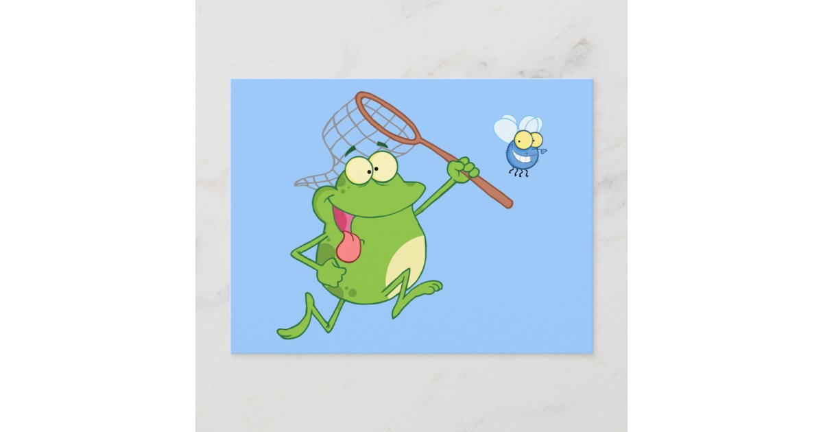 Frog Chasing Fly With Net Postcard | Zazzle
