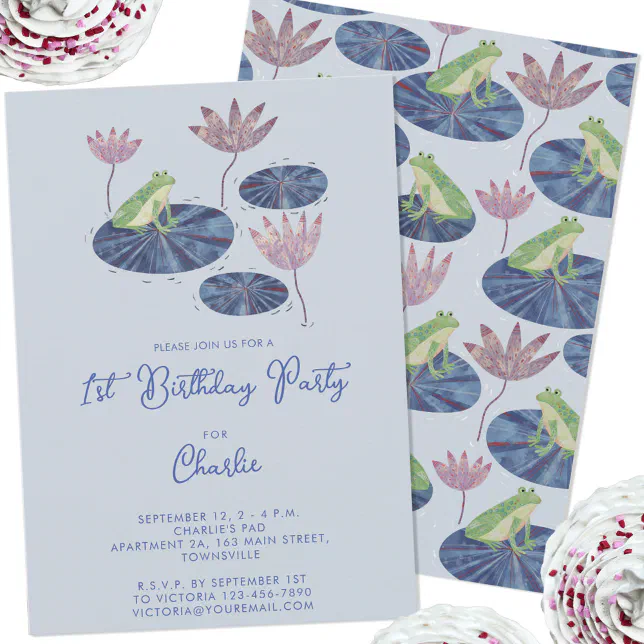 Frog in a Lily Pond Cute Kids First Birthday Party Invitation | Zazzle