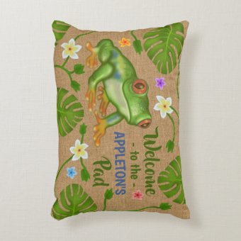 Frog Welcome to Our Pad Tropical Personalized Name Accent Pillow | Zazzle