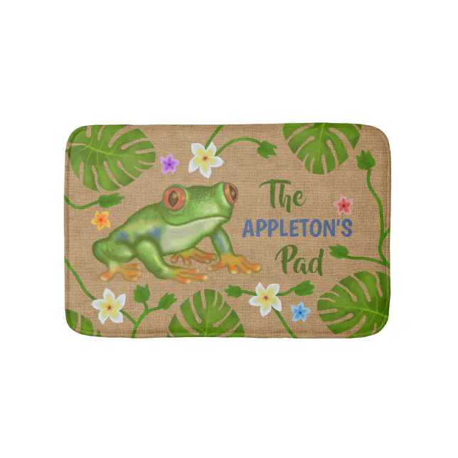 Frog Welcome to Our Pad Tropical Personalized Name Bath Mat | Zazzle