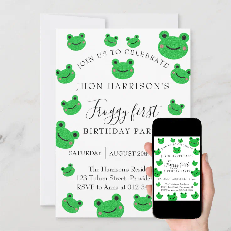 Froggy First Birthday Party Green Frog Invitation | Zazzle