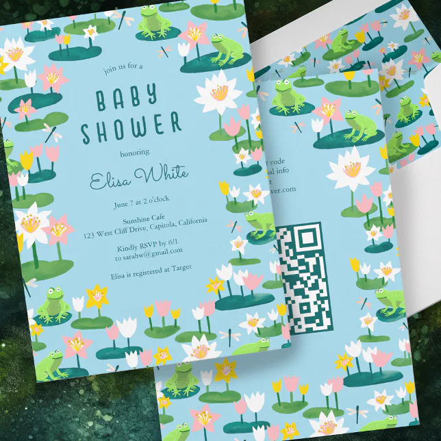 Frogs & Lily Pads Cute CUSTOM QR CODE BABY SHOWER Invitation | Zazzle