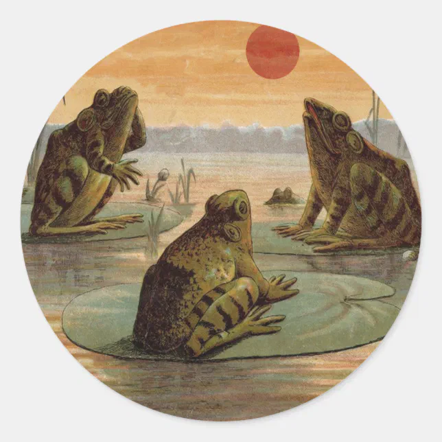 Frogs Lily Pads Moon Illustration Classic Round Sticker | Zazzle
