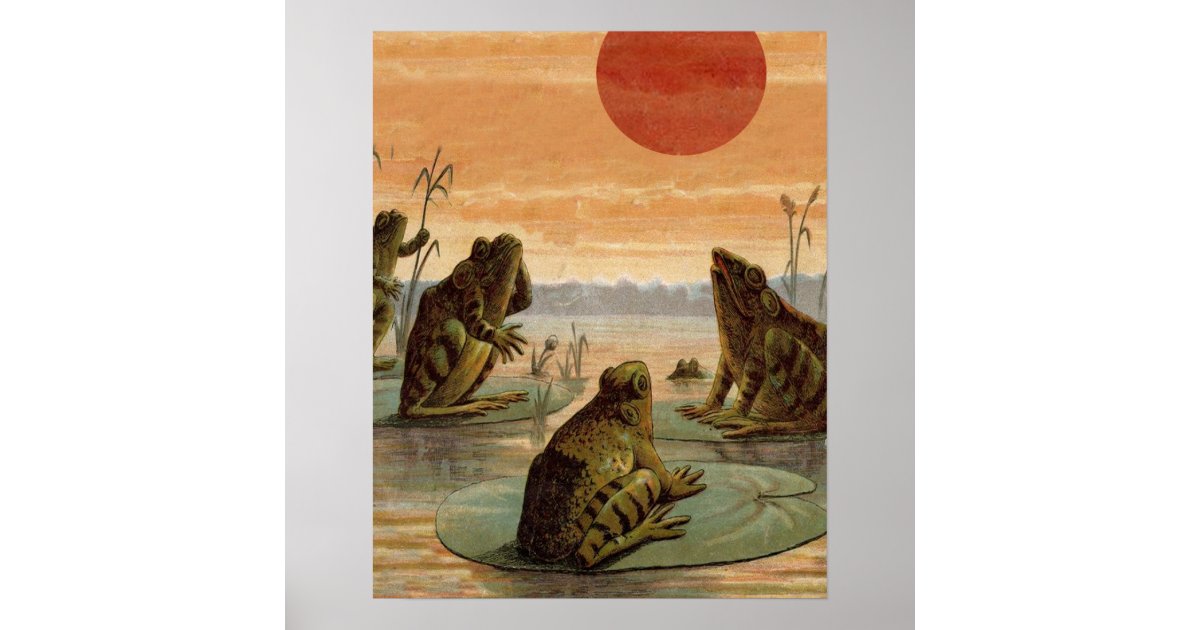 Frogs Lily Pads Moon Illustration Poster | Zazzle