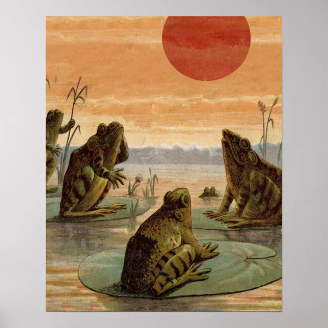 Frogs Lily Pads Moon Illustration Poster | Zazzle