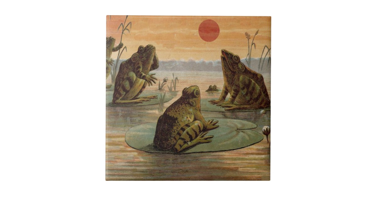 Frogs Lily Pads Moon Illustration Tile | Zazzle
