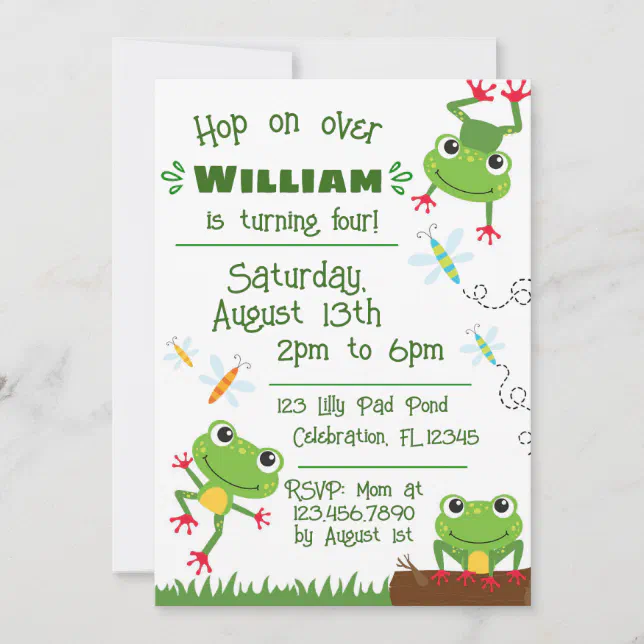 Frogtastic Jumping Frogs Kids Birthday Invitation | Zazzle
