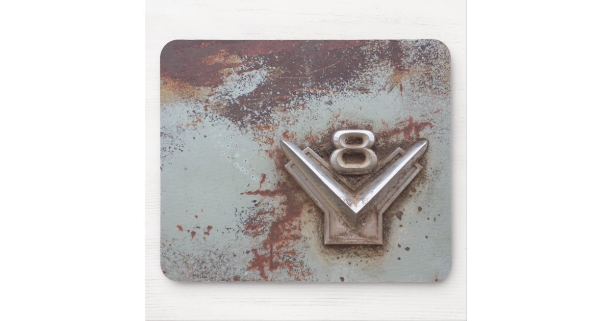 From classic car: Rusty old v8 emblem in chrome Mouse Pad | Zazzle