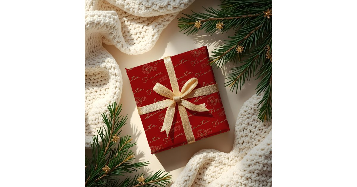 From Santa Vintage Postage Mail Parcel Red & Gold Wrapping Paper | Zazzle