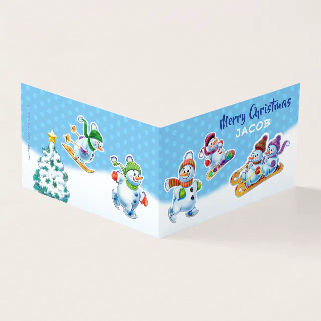 Front & back custom Christmas card snowmen skating | Zazzle