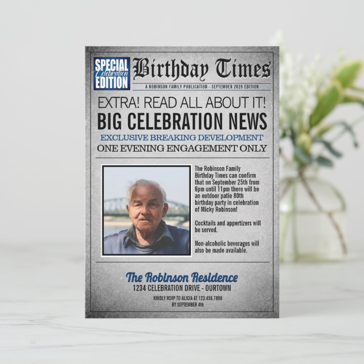 Front Page Newspaper Birthday Party Invitation | Zazzle
