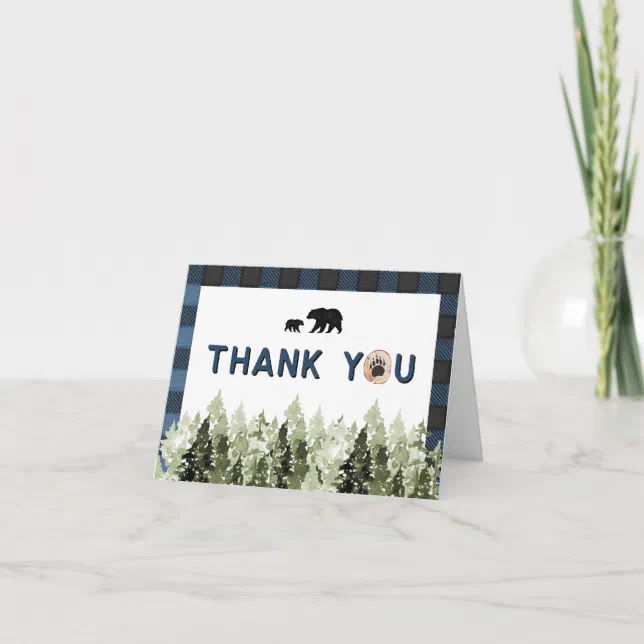 FROST Blue Flannel Bear Pine Tree Thank You Card | Zazzle