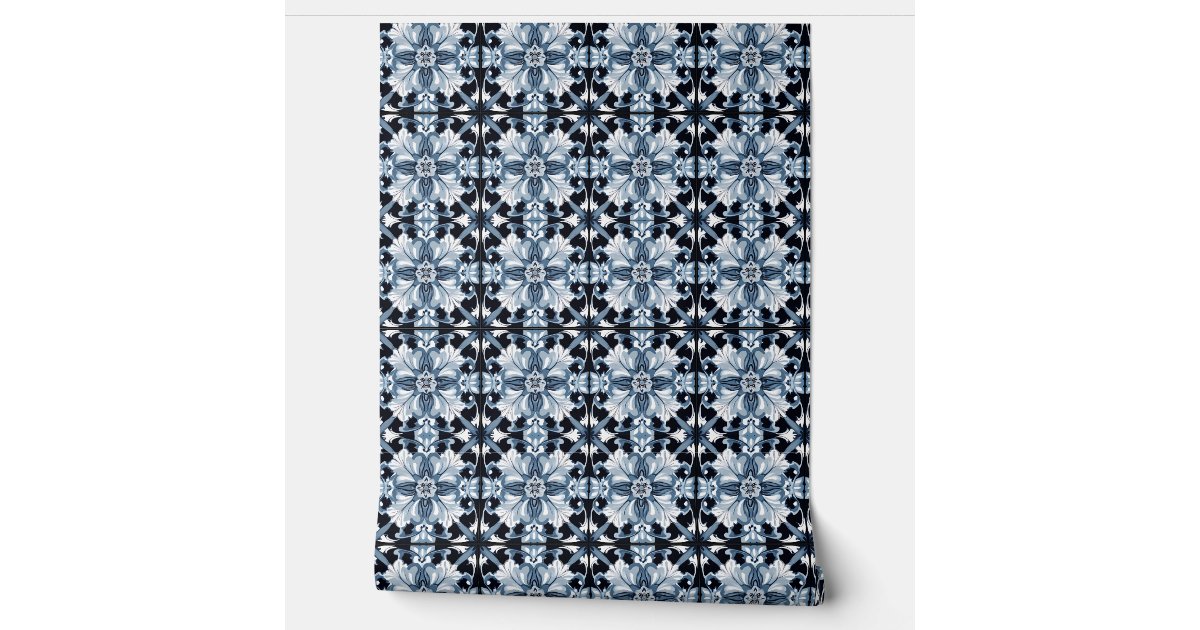 Frosted Regal Bloom Petite - Blue, White, Black Wallpaper | Zazzle