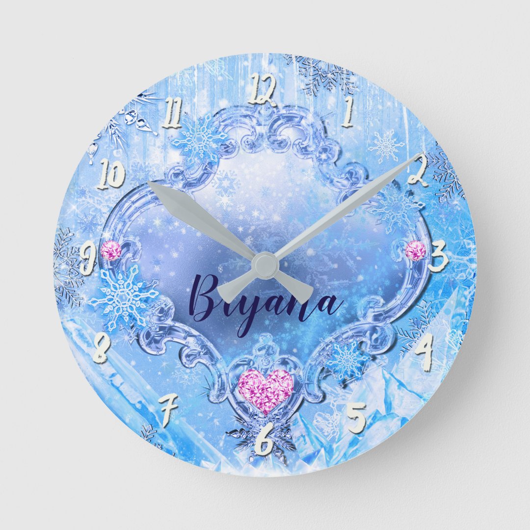 Frozen Ice & Snowflakes Winter Wonderland Sparkle Round Clock | Zazzle