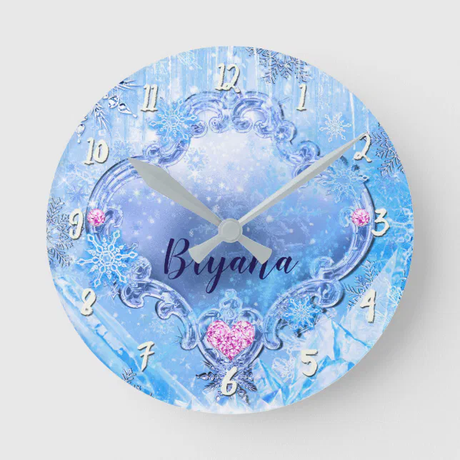 Frozen Ice & Snowflakes Winter Wonderland Sparkle Round Clock | Zazzle