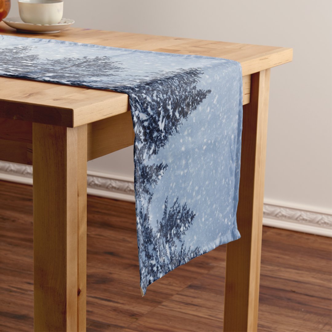 Frozen Snow Winter Forest Scene Short Table Runner | Zazzle