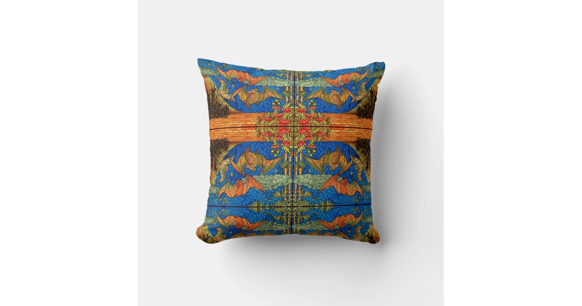 Fruit bat vintage mosaic look blue orange throw pillow | Zazzle