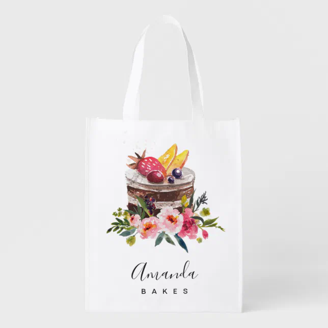 FRUIT FLORAL CAKE PATISSERIE CUPCAKE BAKERY CHEF GROCERY BAG | Zazzle