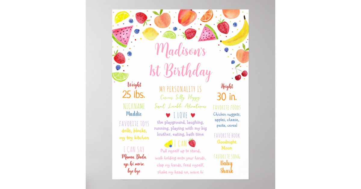 Fruit Pink Girl Summer First Birthday Milestone Poster | Zazzle